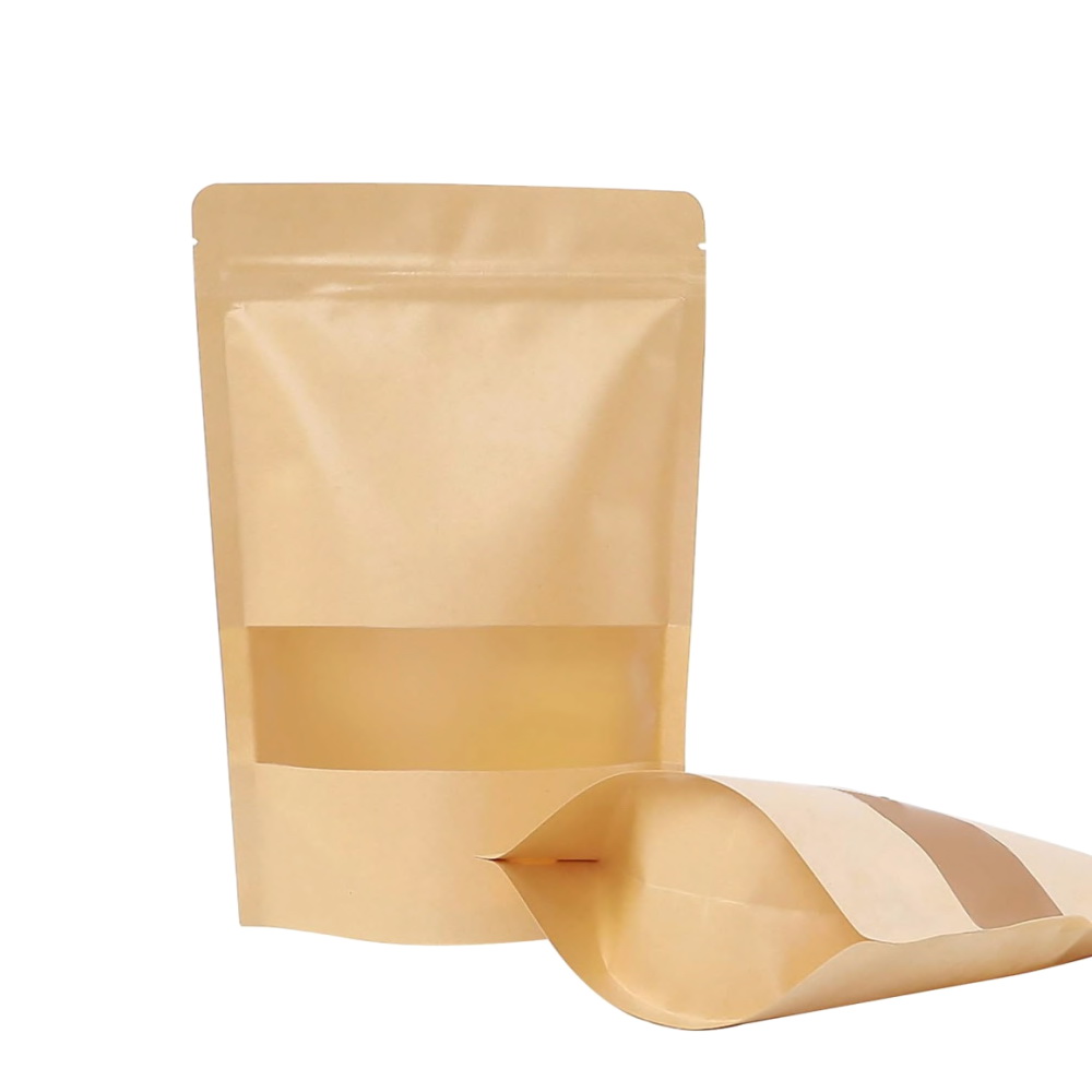 500x Kraft Paper Stand Up Pouches with Window-Coated-140x200mm ...